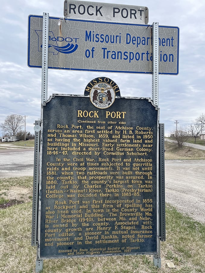 This historical marker tells Rock Port's story from settlement to prosperity, standing as a reminder that even small towns have big histories.