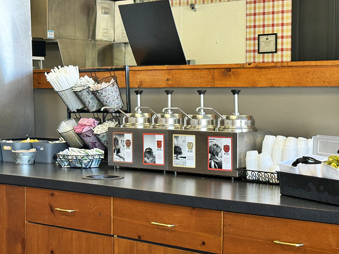 The sauce station&mdash;where barbecue customization reaches art form status. Each pump delivers liquid personality to your already perfect plate.