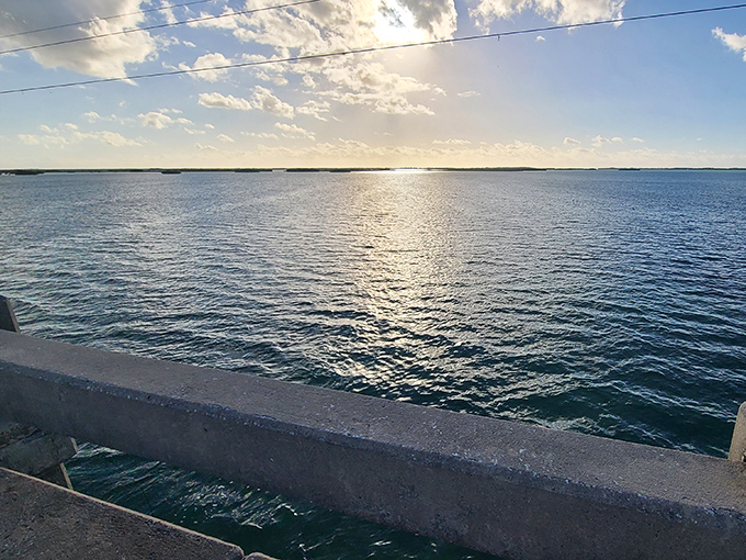 The light plays across the water like diamonds scattered on blue velvet, turning an ordinary bridge crossing into pure magic.