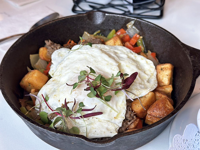 The short rib hash arrives in a cast iron skillet, as if to announce: "This isn't just breakfast&mdash;this is an event."