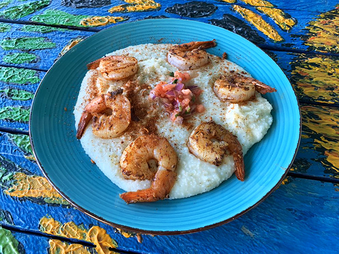 Shrimp and grits that would make a Southerner weep with joy. Those blackened shrimp aren't just sitting on the grits &ndash; they're crowning them.
