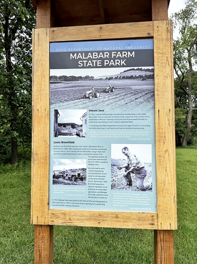 History lessons are better outdoors. This sign tells the story of Malabar Farm and its literary champion, Louis Bromfield.