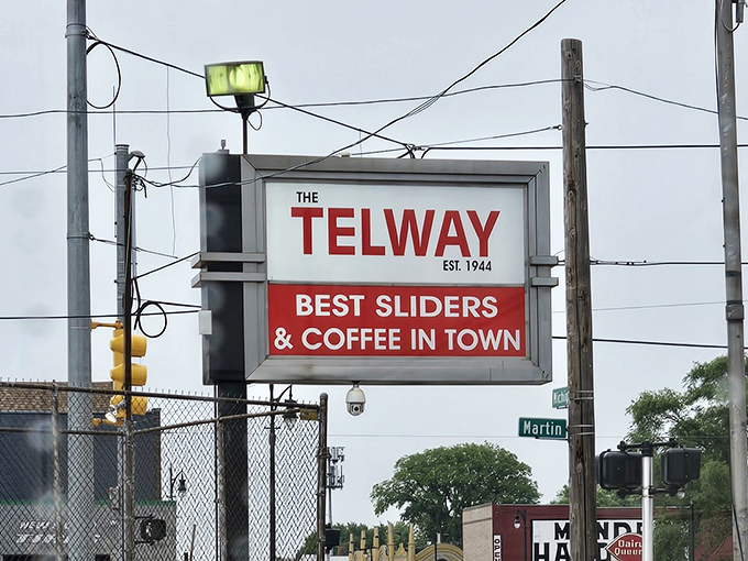 BEST SLIDERS & COFFEE IN TOWN isn't bragging if it's true. This sign has been making promises since 1944 that the kitchen keeps.