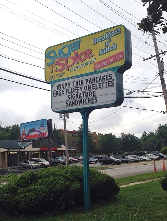 The roadside sign promises wispy thin pancakes and delivers on every fluffy word spoken.