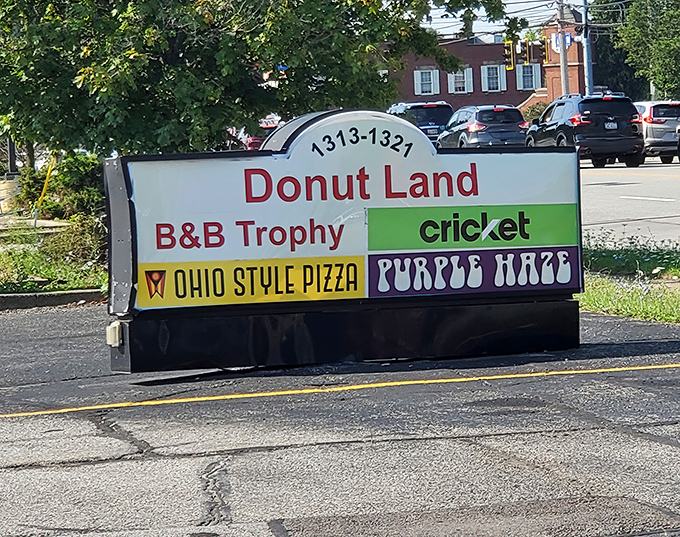 The roadside sign announces Donut Land's presence among neighboring businesses. Like finding the treasure map to carbohydrate paradise.
