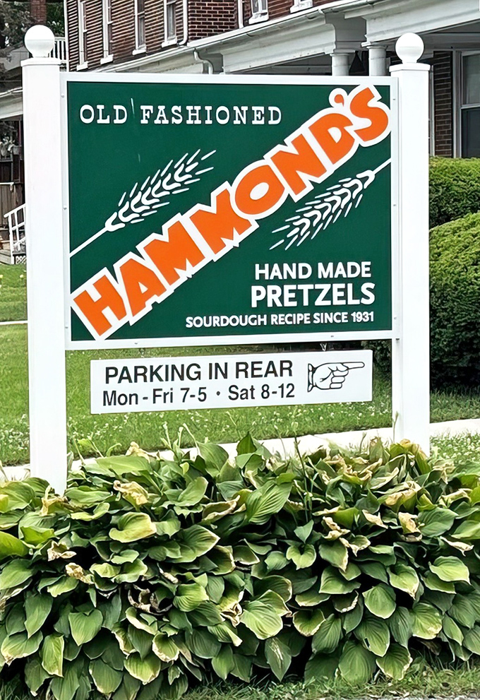 The sign that pretzel pilgrims seek! Hammond's has been twisting sourdough into edible art since 1931, proving that some traditions are worth preserving.