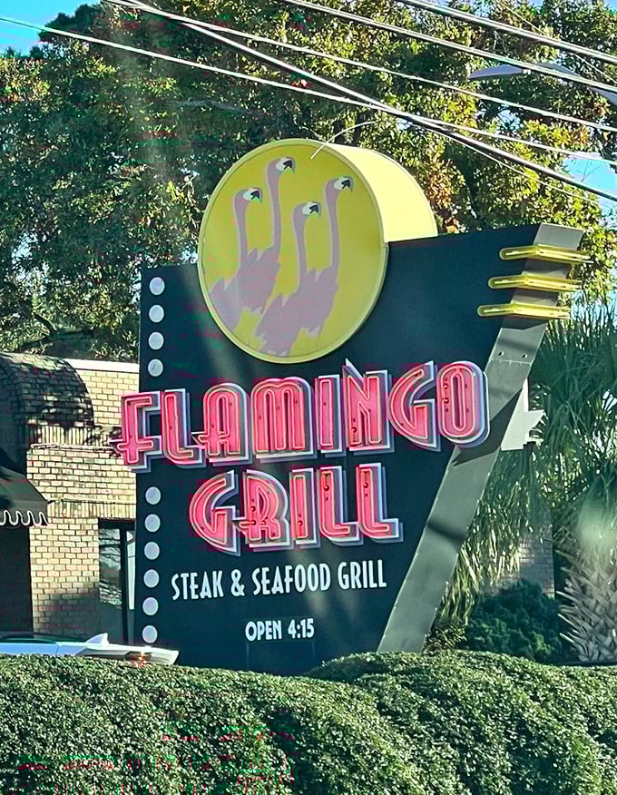 The retro roadside sign promises steak and seafood excellence since long before Instagram made food famous. Those three flamingos know what's good.