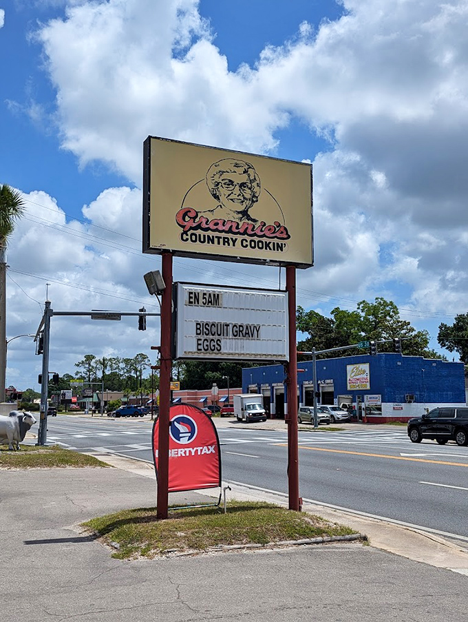 The sign that beckons travelers with promises of biscuits, gravy, and eggs cooked exactly right every time.