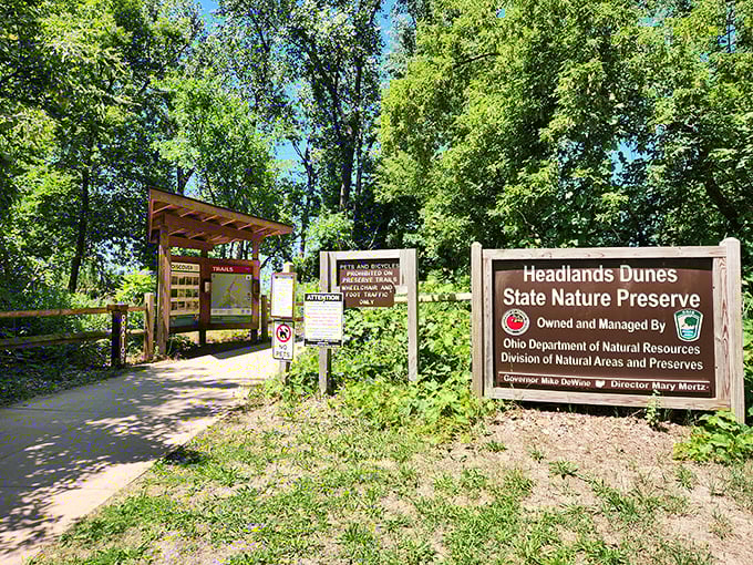 The official welcome to Headlands Dunes State Nature Preserve, where Ohio proves it can do "coastal ecosystem" with the best of them.