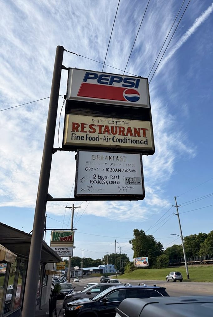 That classic roadside sign has guided hungry travelers to Hyde's for decades, promising "Fine Food" and delivering on that simple, perfect pledge.
