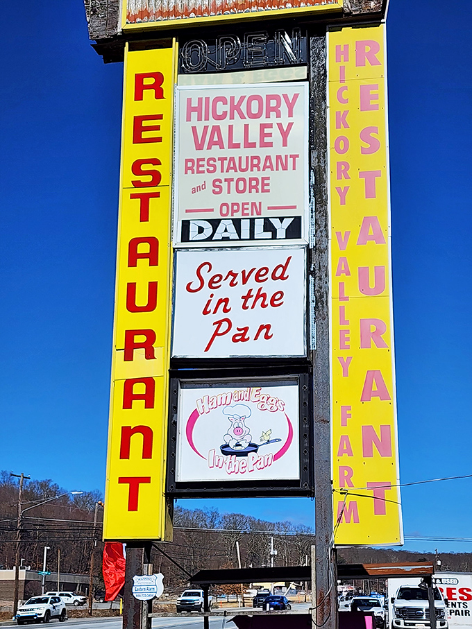 The roadside sign promises "Served in the Pan" dining&mdash;a bold claim that Hickory Valley delivers on with every sizzling plate.