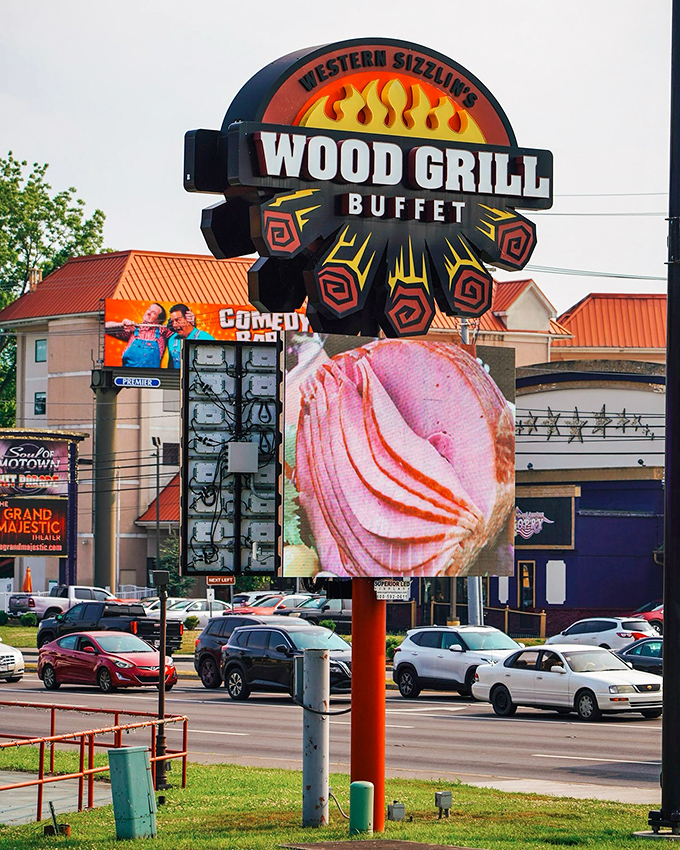 A sign that promises Western sizzling and delivers&mdash;standing tall among Pigeon Forge's attractions like a beacon for the hungry.