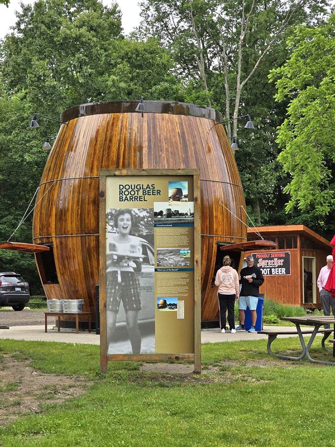 History stands proudly beside present-day pleasure, reminding visitors that this barrel has been quenching Michigan thirsts across generations.
