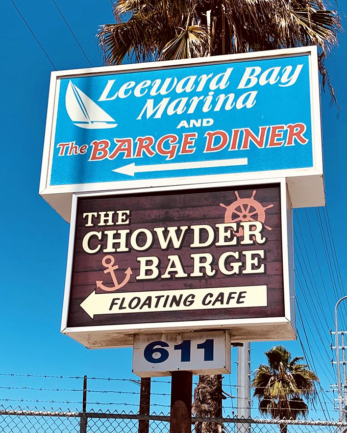 The sign stands as a beacon to hungry travelers&mdash;a promise of floating feasts and chowder dreams just waiting around the corner.