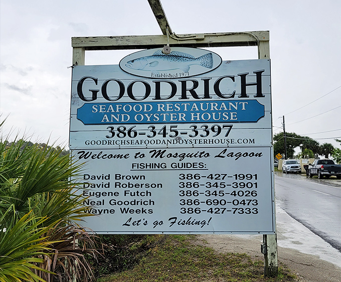 The sign doesn't just mark the location—it announces you've found the real Florida, where fishing guides and seafood lovers have gathered since 1971.
