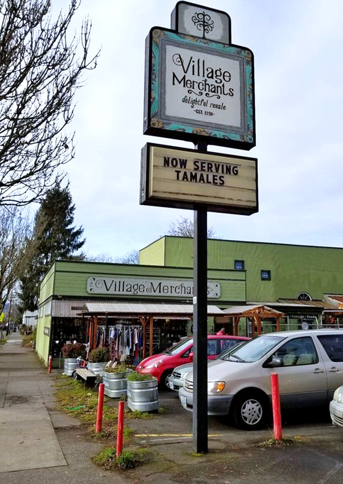 The sign says "Now Serving Tamales," proving Village Merchants knows the two things Portlanders can't resist: good food and great vintage finds.