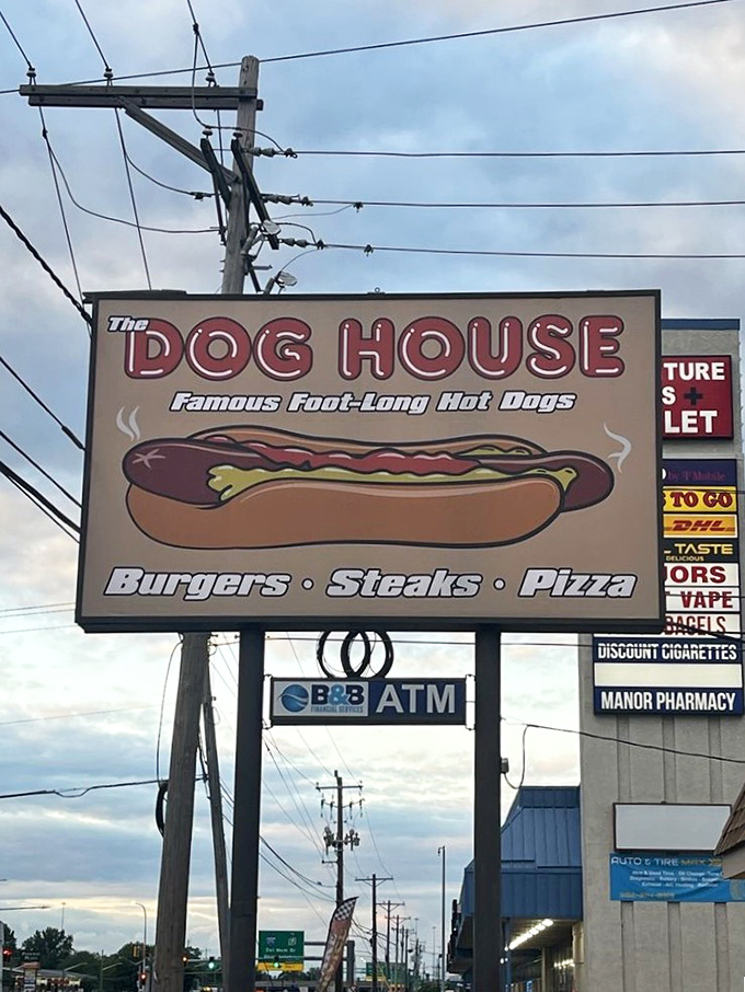 The roadside sign makes bold promises about their famous foot-long hot dogs&mdash;promises that the kitchen happily keeps with every order. 