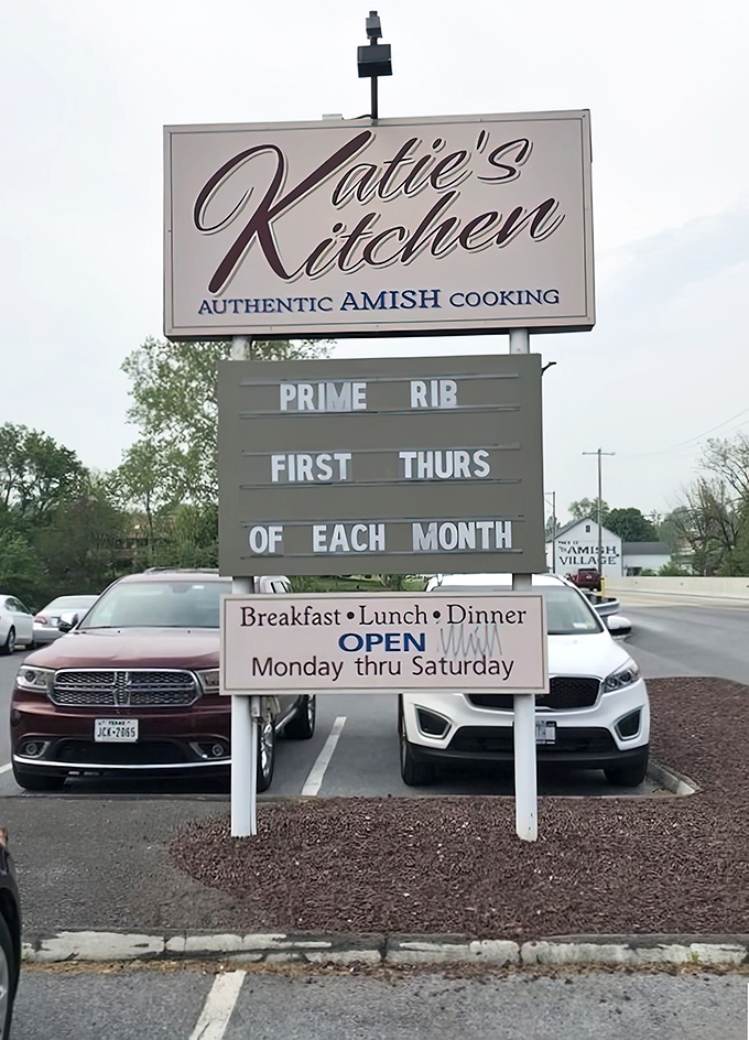 The sign proudly announces "Authentic Amish Cooking" and teases monthly Prime Rib specials&mdash;a roadside beacon for hungry travelers and locals alike.
