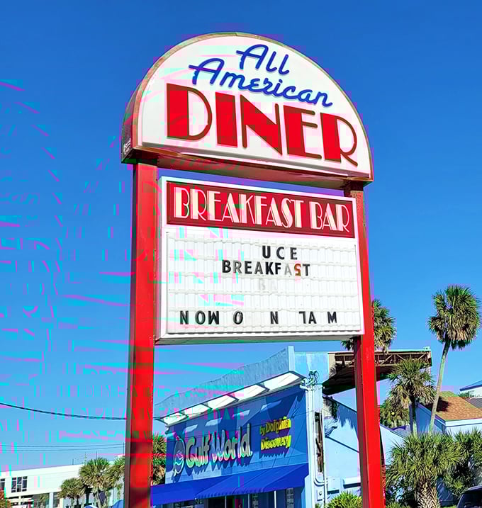 The marquee sign announces "BREAKFAST BAR" against the Florida sky&mdash;three syllables that might be the most beautiful words in the English language.