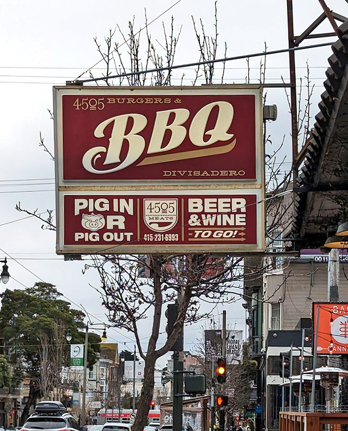 The iconic sign that's become a beacon for BBQ pilgrims. "Pig In or Pig Out"—a philosophy we can all get behind.