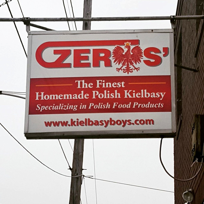 The sign says "Finest Homemade Polish Kielbasy" &ndash; possibly the most honest advertising you'll ever see in your life.