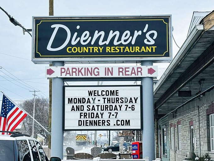 The daytime view of Dienner's sign&mdash;marking the spot where memorable meals and even more memorable food comas begin