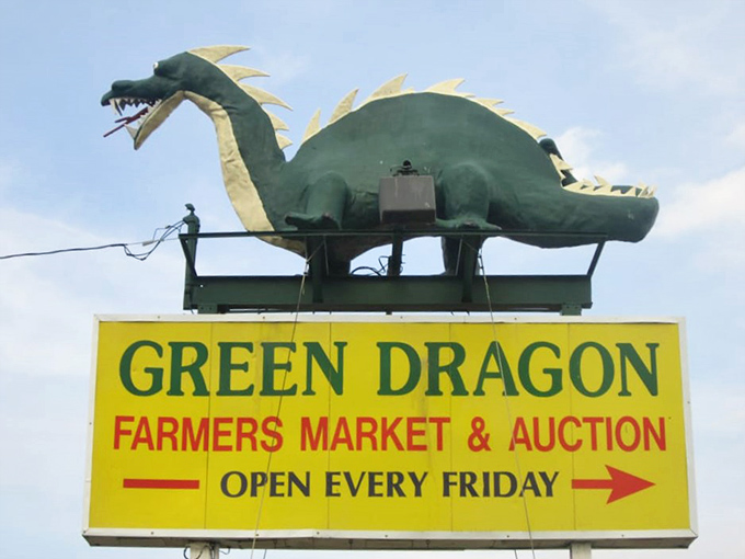 The market's namesake dragon perches proudly atop its sign, a whimsical guardian watching over decades of Friday commerce and community gathering.