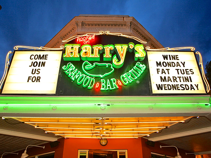 Harry's neon sign glows like a beacon for hungry souls, promising good times and even better food. Those event listings aren't suggestions—they're invitations.