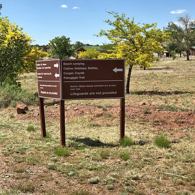 Signs point the way to adventure, with that helpful reminder that swimming is at your own risk&mdash;translation: no lifeguards to judge your cannonball.