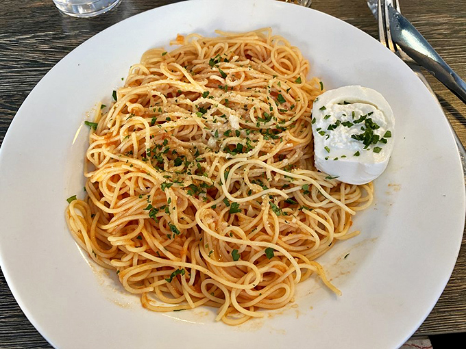 Sometimes the simplest dishes tell you the most about a restaurant &ndash; this perfect spaghetti with burrata is Italian cooking distilled to its essence.