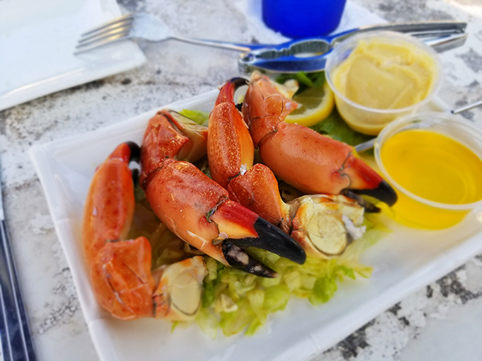 Stone crab claws&mdash;Florida's edible treasure&mdash;served simply with lemon and dipping sauces because when something's this fresh, you don't need to complicate matters. 