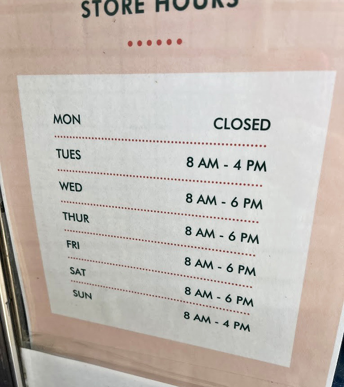 Closed Mondays&mdash;because even pastry perfection needs a day of rest. Plan accordingly, or face a cannoli-less start to your week.