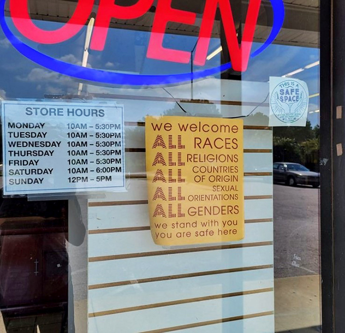 All are welcome at this community treasure trove. The inclusive message on the door is as warm as the bargains waiting inside.