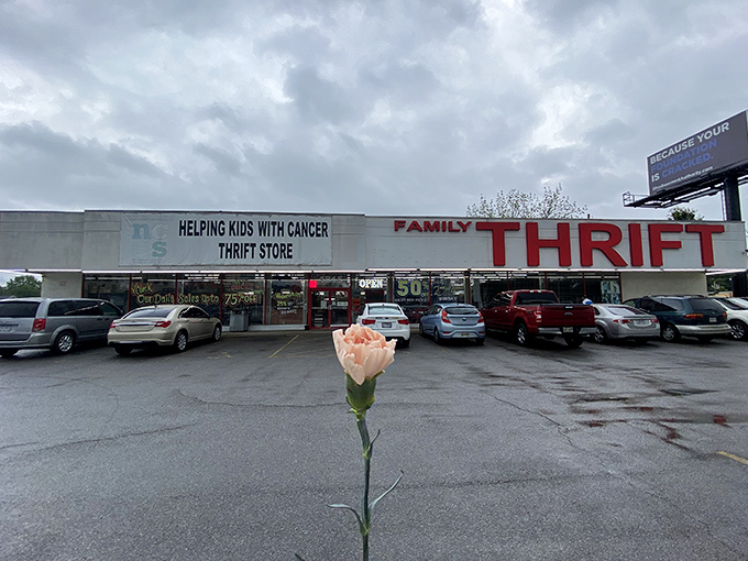 Even under cloudy skies, Family Thrift's promise of "Helping Kids With Cancer" adds sunshine to the thrill of the bargain hunt.