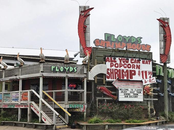 Giant red shrimp banners and pelican sentinels announce your arrival at seafood heaven &ndash; subtlety isn't on the menu here.