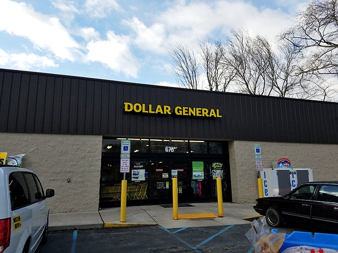 The exterior view that promises affordable treasures within. Like a budget-friendly fortress, Dollar General stands ready to serve Waymart's bargain hunters in all seasons.