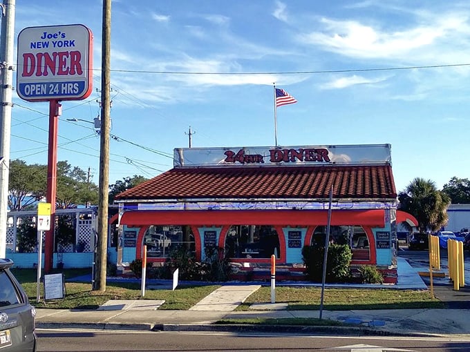 The iconic storefront proudly flying the American flag&mdash;a reminder that great diners are as patriotic as baseball and apple pie.