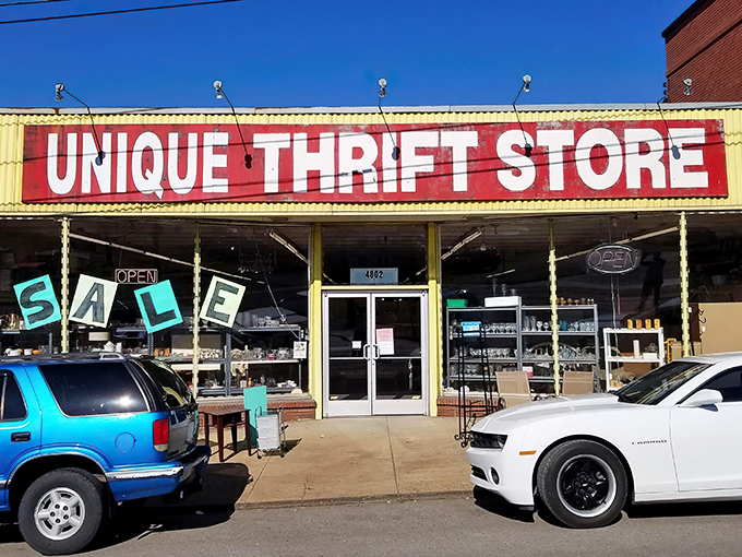 The mothership of secondhand shopping announces itself with no-nonsense signage. This is where the treasure hunt begins.