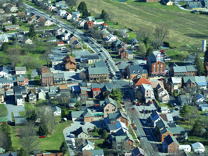Strasburg from above reveals the quilt-like pattern of a town that grew organically rather than from some developer's sterile blueprint.