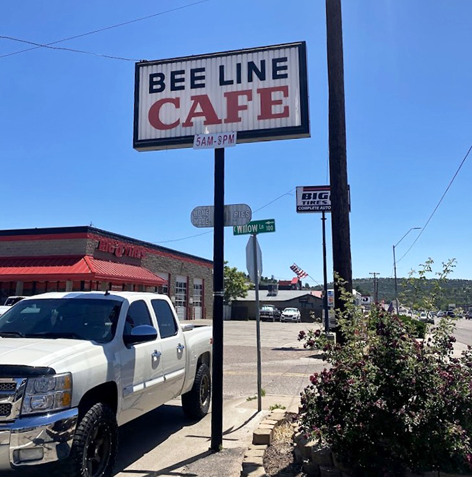 The sign promises "HOME MADE PIES" beneath the Beeline Cafe name. In the restaurant world, that's what we call truth in advertising.