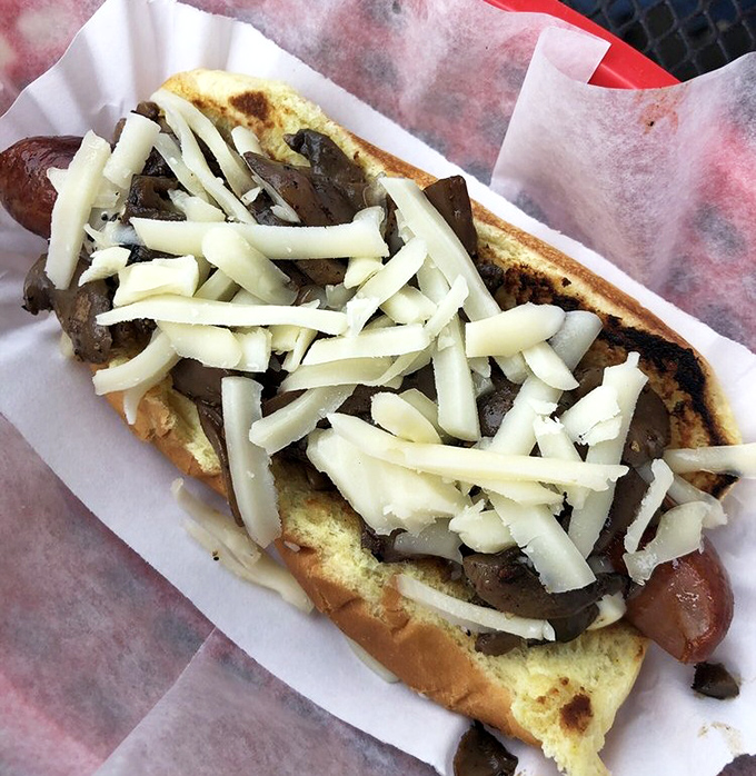 A hot dog practically disappearing beneath a mountain of fresh coleslaw – proof that sometimes you need to dig for treasure.