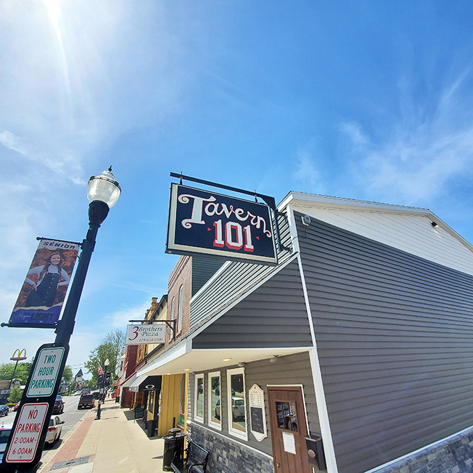 Tavern 101 stands ready for evening revelry under blue Ohio skies—where town stories get better with each telling.