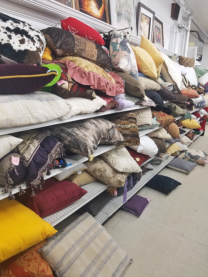 The pillow section resembles a textile layer cake, each cushion telling the story of someone's abandoned decorating phase or moving day purge.