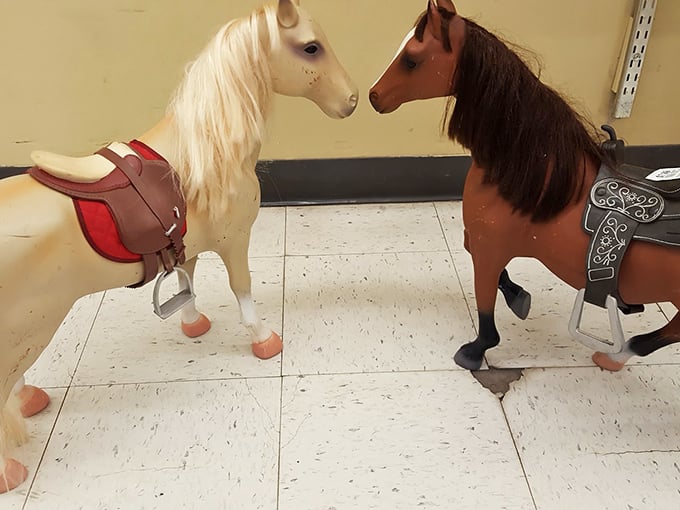 Two toy horses face off in silent negotiation&mdash;"Your paddock or mine?"&mdash;waiting for a child's imagination to bring them galloping to life.