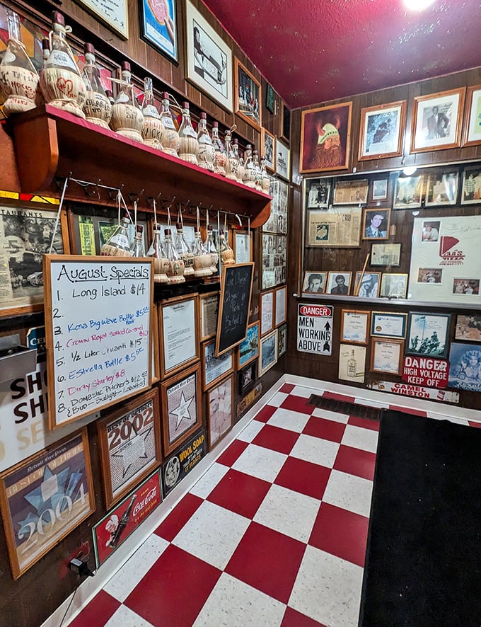 The hallway to the restrooms doubles as a museum of local history. Even a quick trip to wash your hands becomes a nostalgic journey.