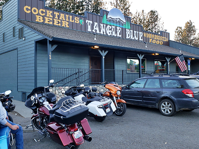 Tangle Blue's motorcycle-friendly parking lot suggests the kind of place where road warriors and locals find common ground over cold beers and hot pizza.