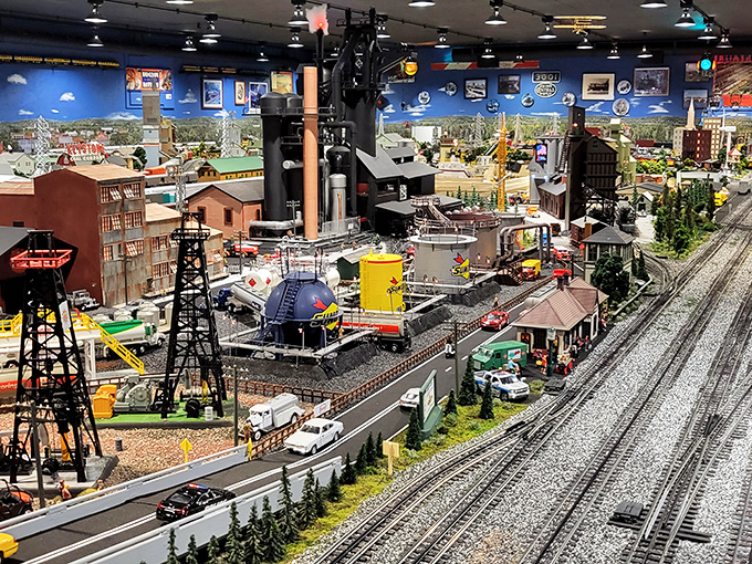 This industrial scene features oil tanks, factories, and perfectly scaled vehicles. It's like SimCity came to life, minus the ability to cause disasters.
