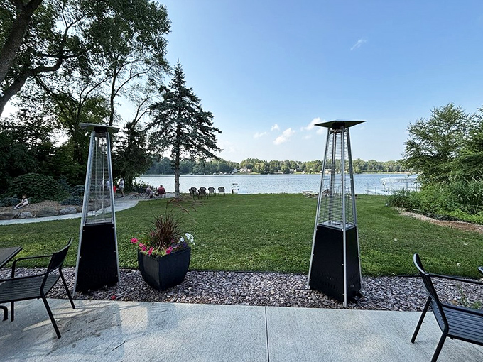 The lakeside view that seals the deal. Those patio heaters stand guard like sentinels, ensuring Wisconsin's brief summer can be stretched just a little longer.