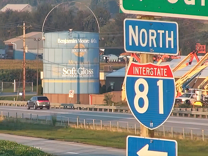 Location, location, location! Strategically placed near I-81, this colossal can ensures no traveler passes through Pennsylvania without noticing Benjamin Moore.