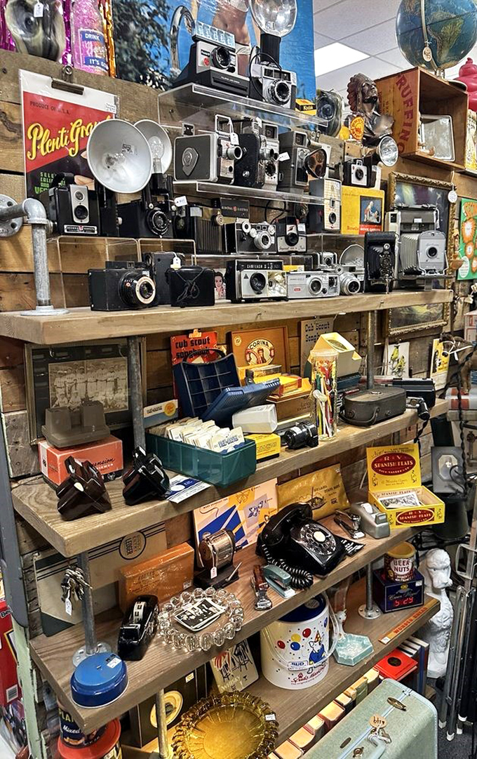 A wall of vintage cameras that captured countless memories now create new ones for collectors. Every Kodak moment is immortalized here.